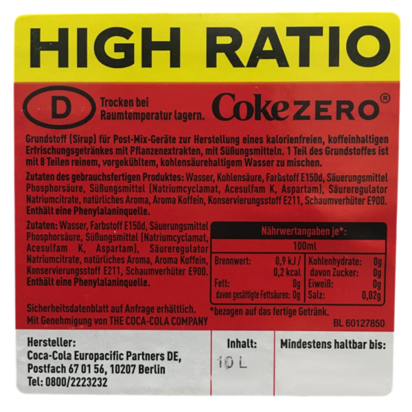 Coca Cola Zero® Postmix 10 l HIGH RATIO - PostmixSirup24.com
